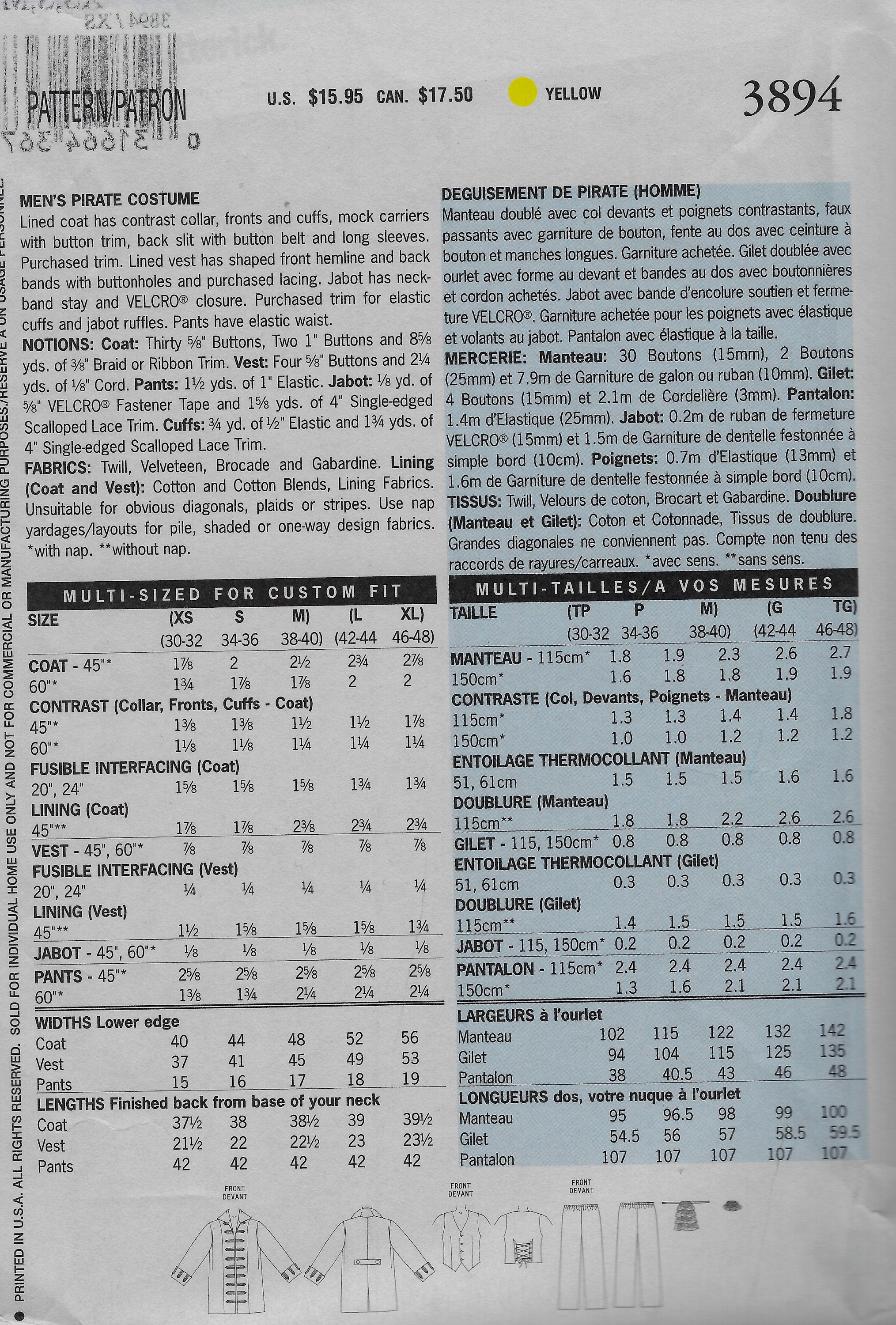 Pirate Captain Costume - Butterick 3894 - Uncut Pattern - Etsy