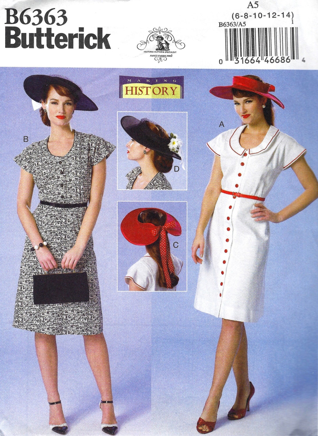 Nancy Farris-thee Dress & Hat Butterick 6363 Sewing Pattern - Etsy