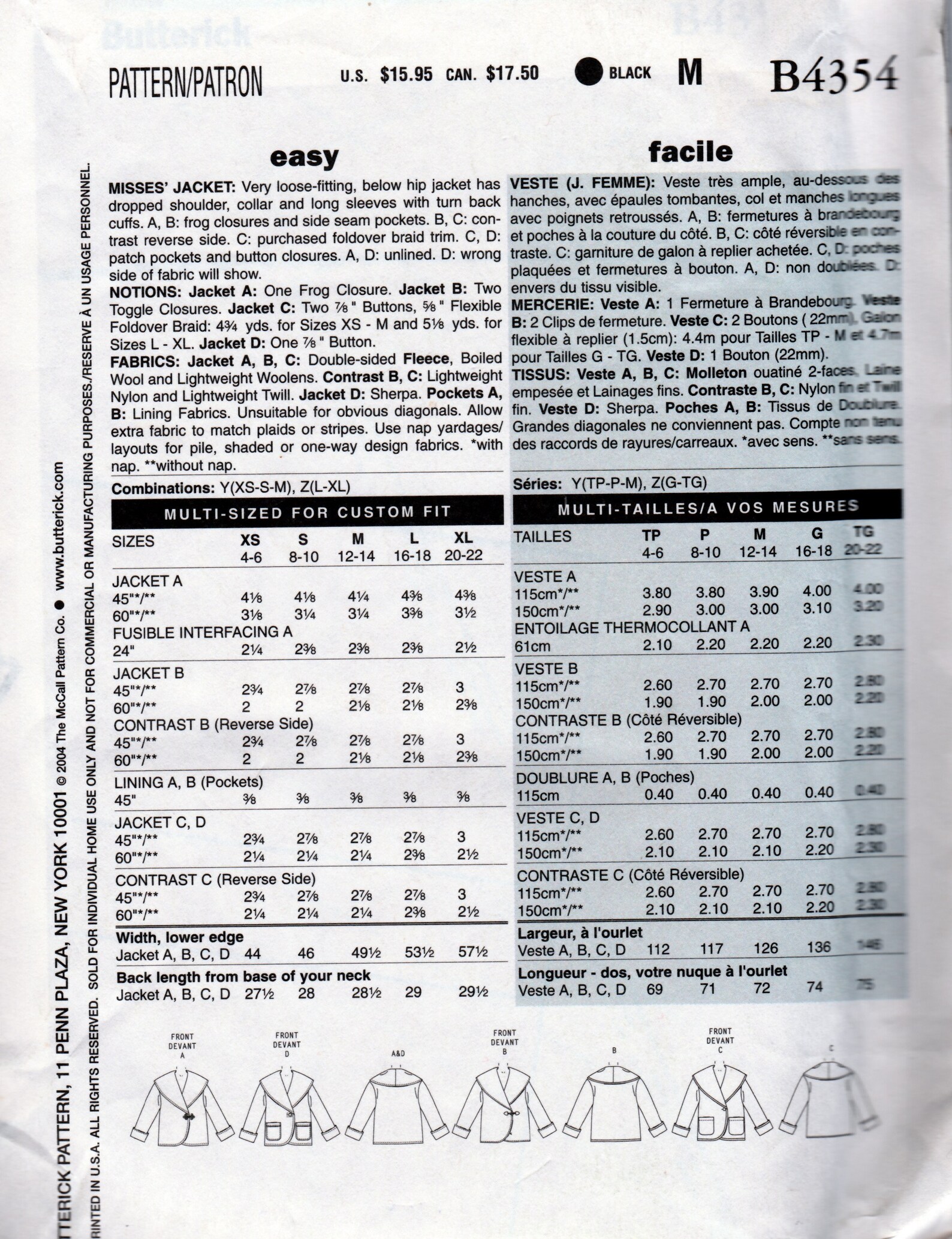 Shawl Collar Jacket Set - Butterick 4354 - Uncut Sewing Pattern - Etsy
