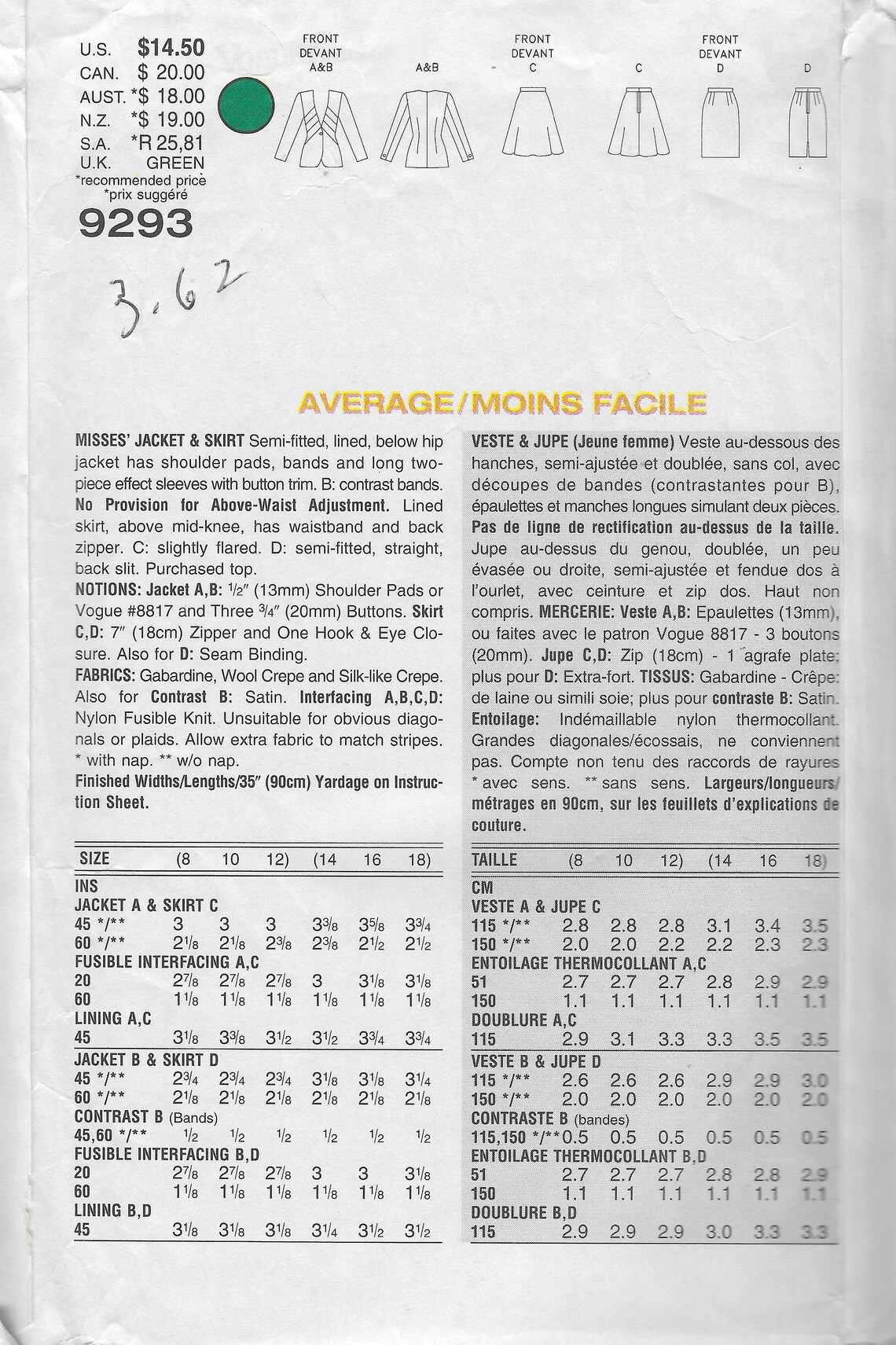 Jacket, Chevron Inset & Skirt - Vogue 9293 - Uncut Pattern - Etsy