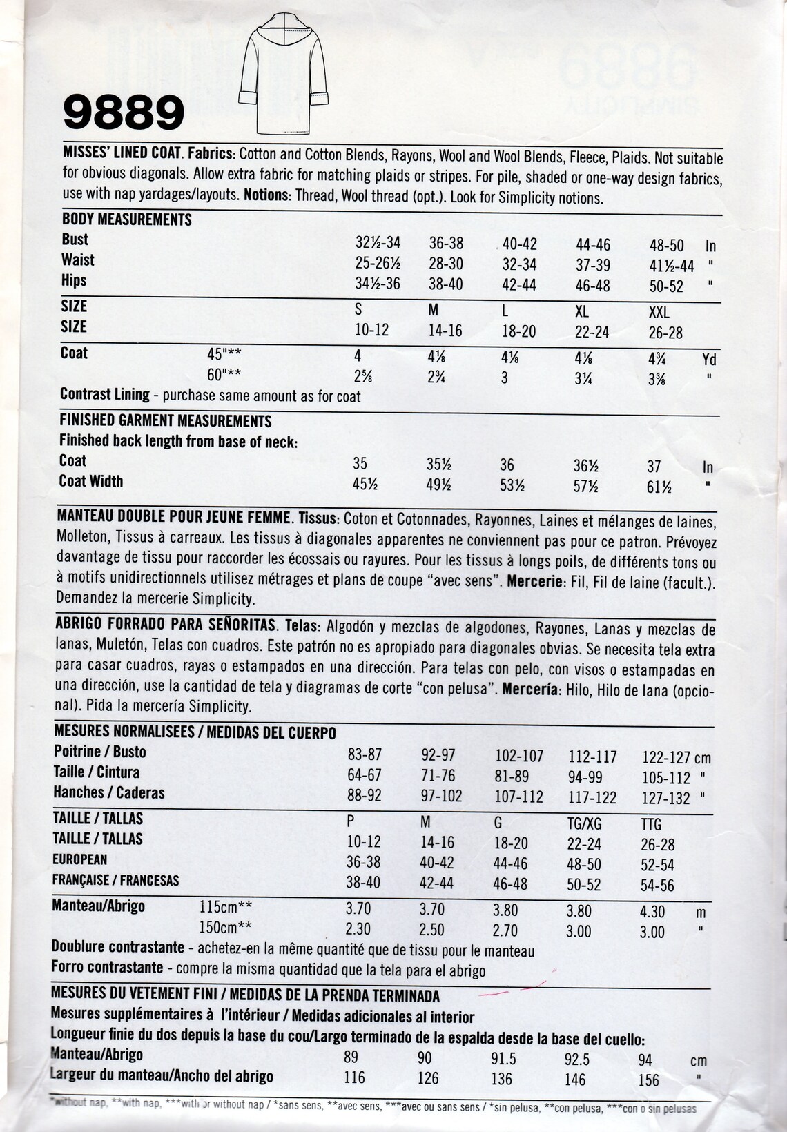 Lined Coat Easy Simplicity 9889 Uncut Sewing Pattern - Etsy