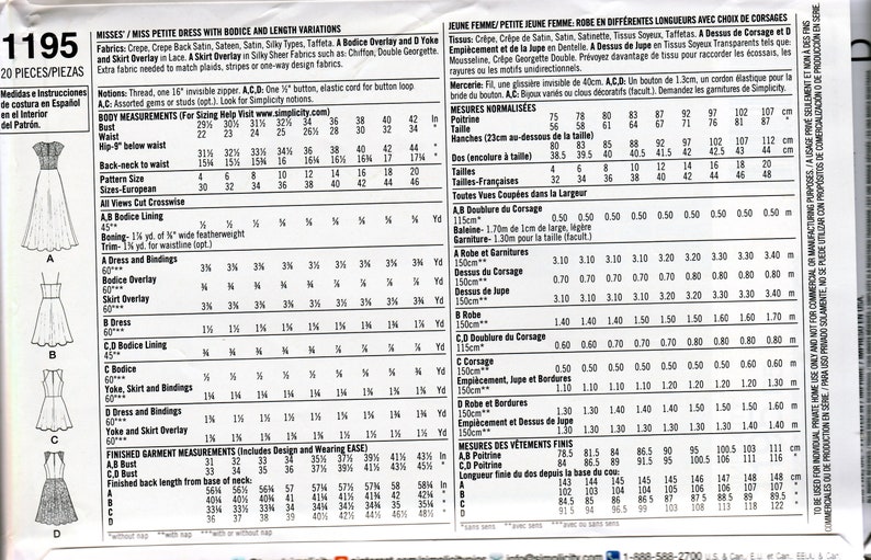 Lace Bodice Dresses - Simplicity 1195 - Uncut Pattern - Etsy