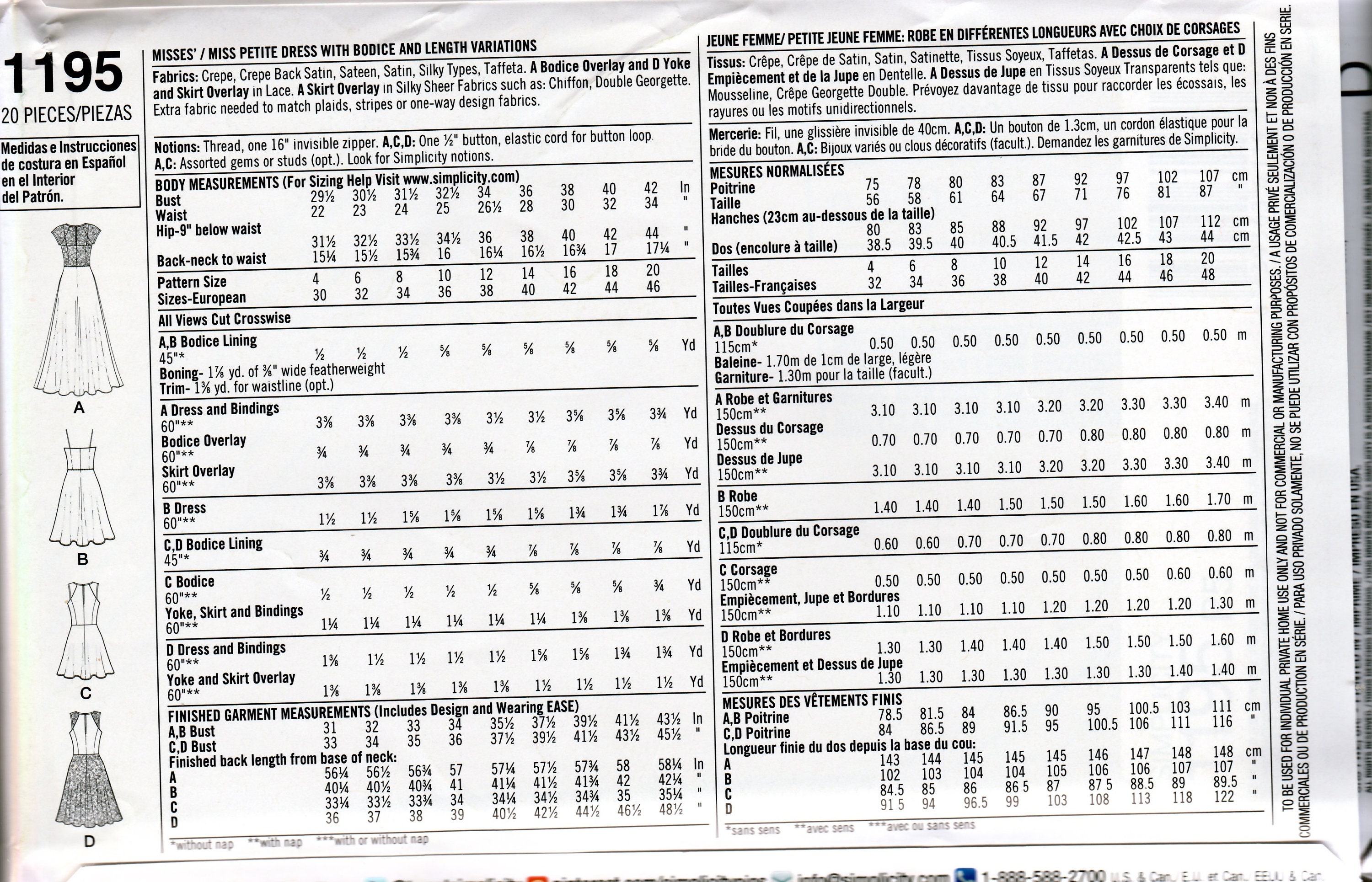 Lace Bodice Dresses Simplicity 1195 Uncut Pattern - Etsy