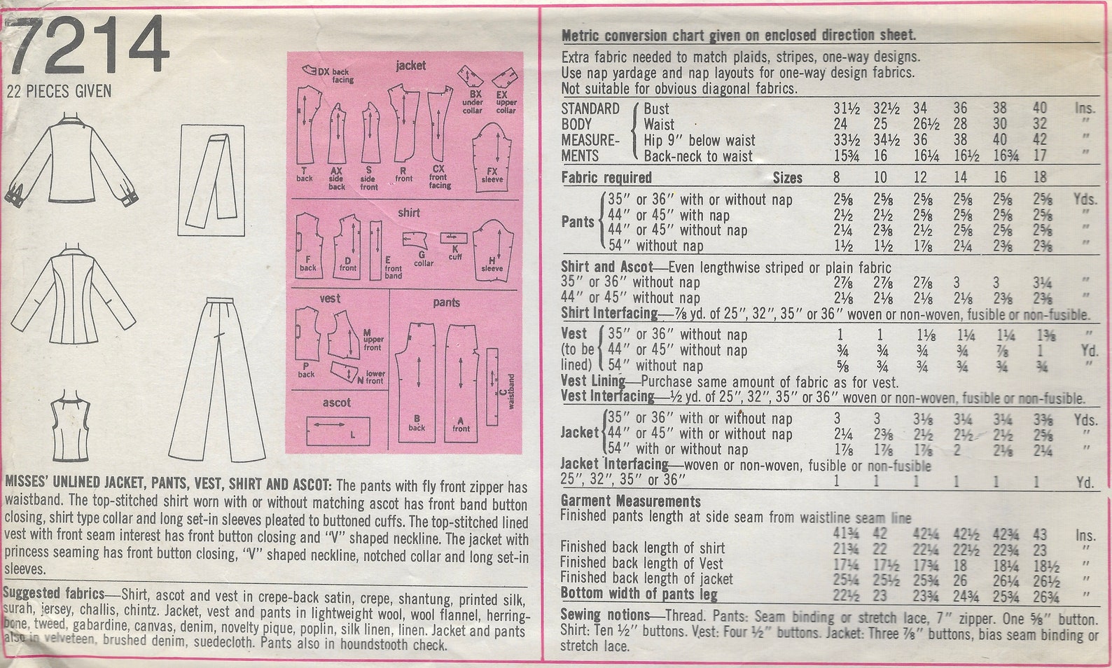 Jacket, Vest, Blouse, Bell Bottom Pants & Ascot - Simplicity 7214 ...