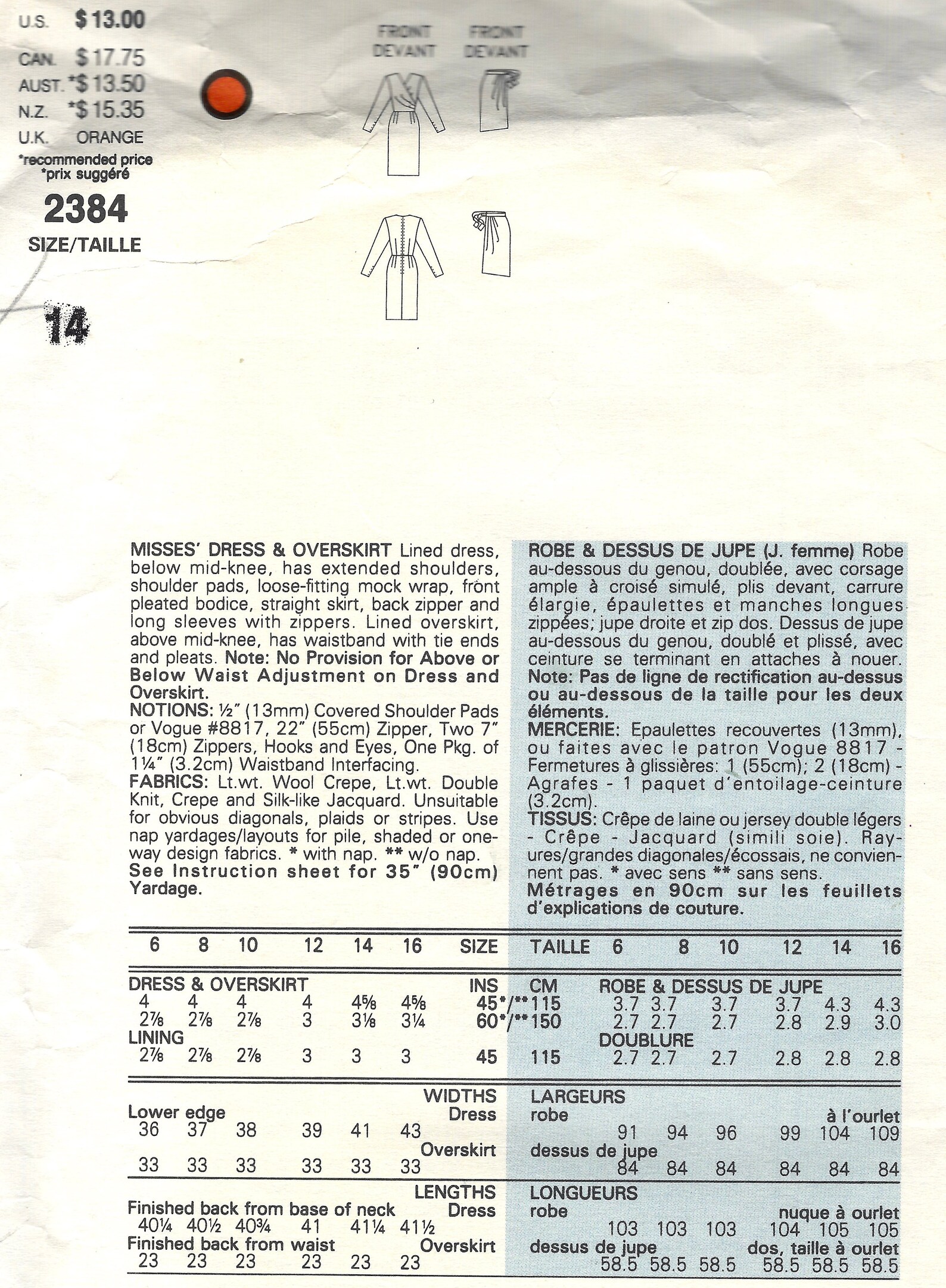 Dress & Overskirt by Christian Dior Vogue 2384 Uncut Sewing Pattern - Etsy