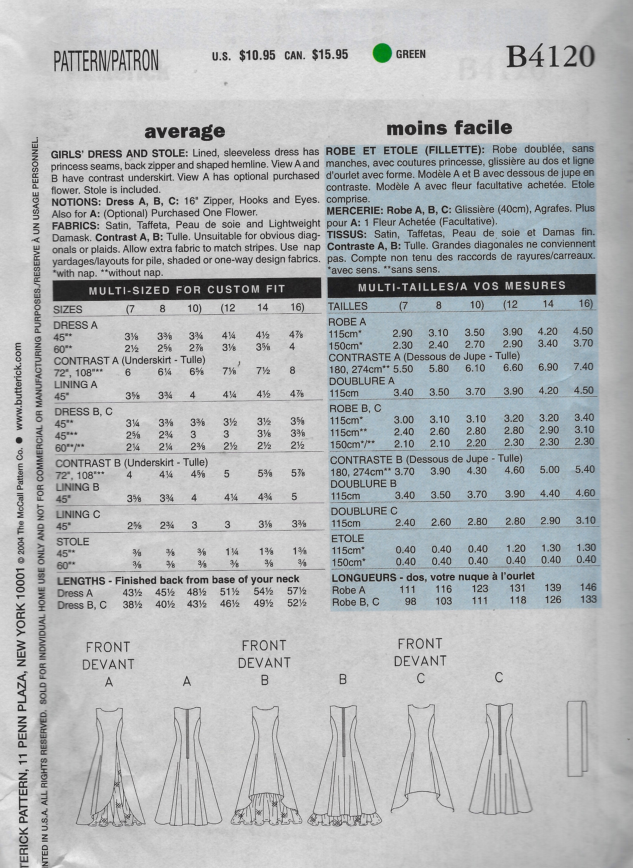 Girls' Party Dress & Stole Butterick 4120 Uncut Pattern - Etsy