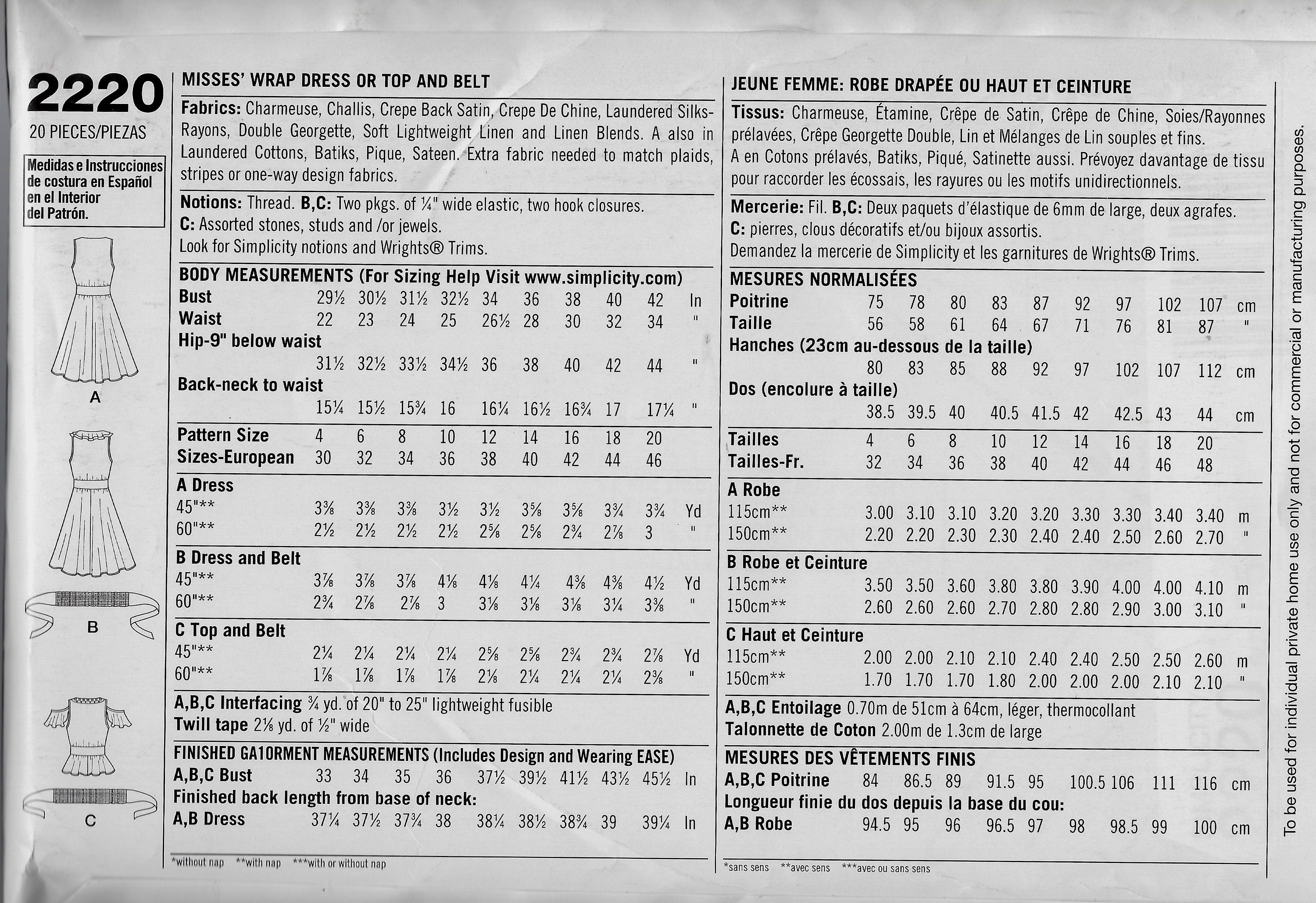 Wrap Dress, Top & Belt Simplicity 2220 Uncut Pattern - Etsy
