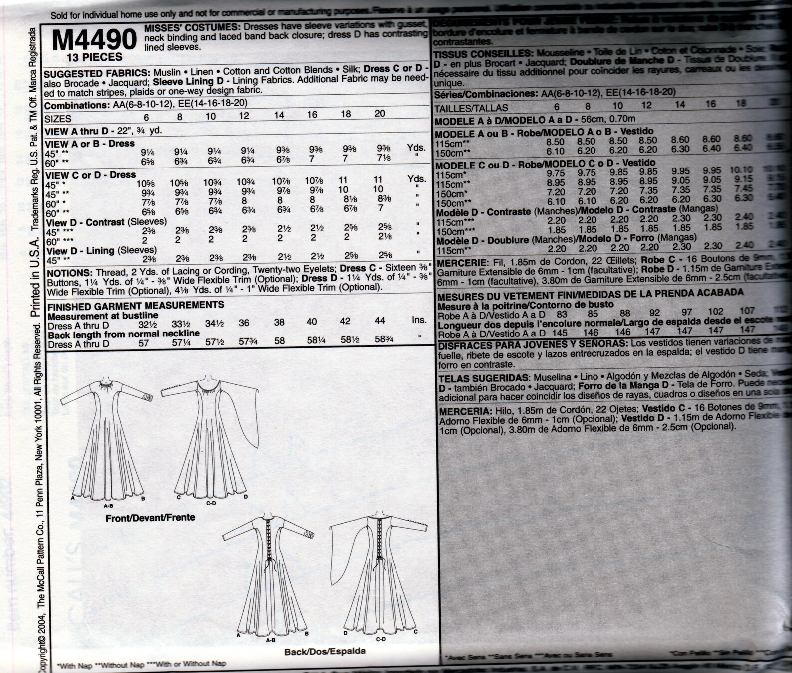Renaissance Costume Mccall's 4490 Uncut Pattern | Etsy