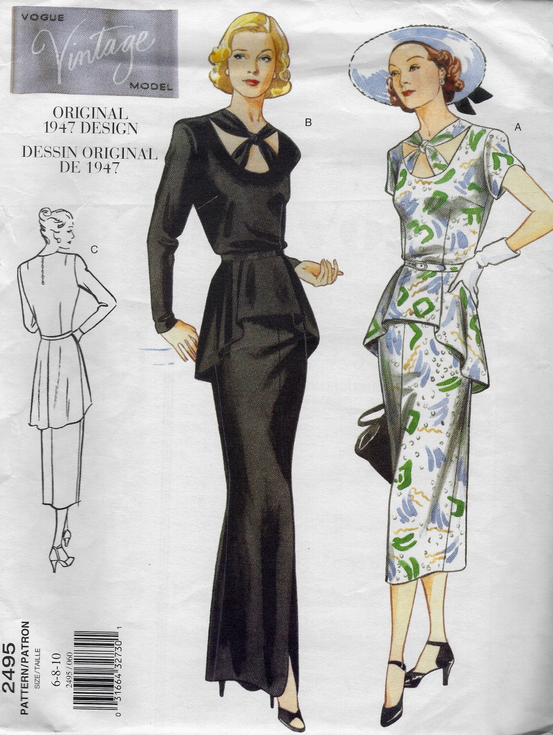 Vogue 2495 Retro 1947 Dress, Neckline Interest & Belt Sewing Pattern - Etsy