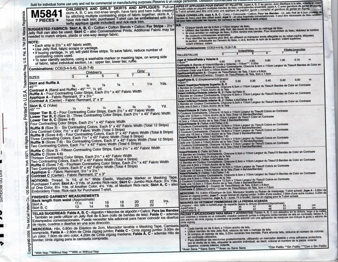 Girls Patchwork Skirt Set Mccall's 5841 Uncut Sewing Pattern - Etsy