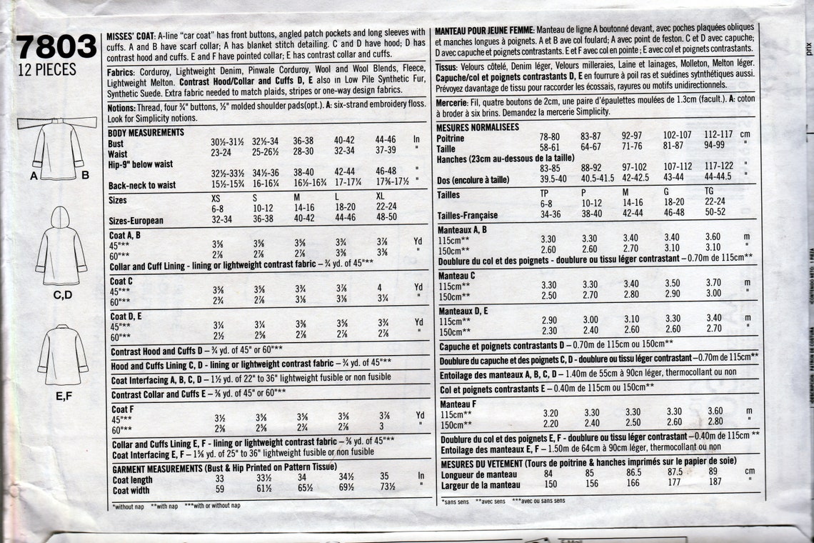Coat Set Simplicity 7803 Uncut Sewing Pattern - Etsy