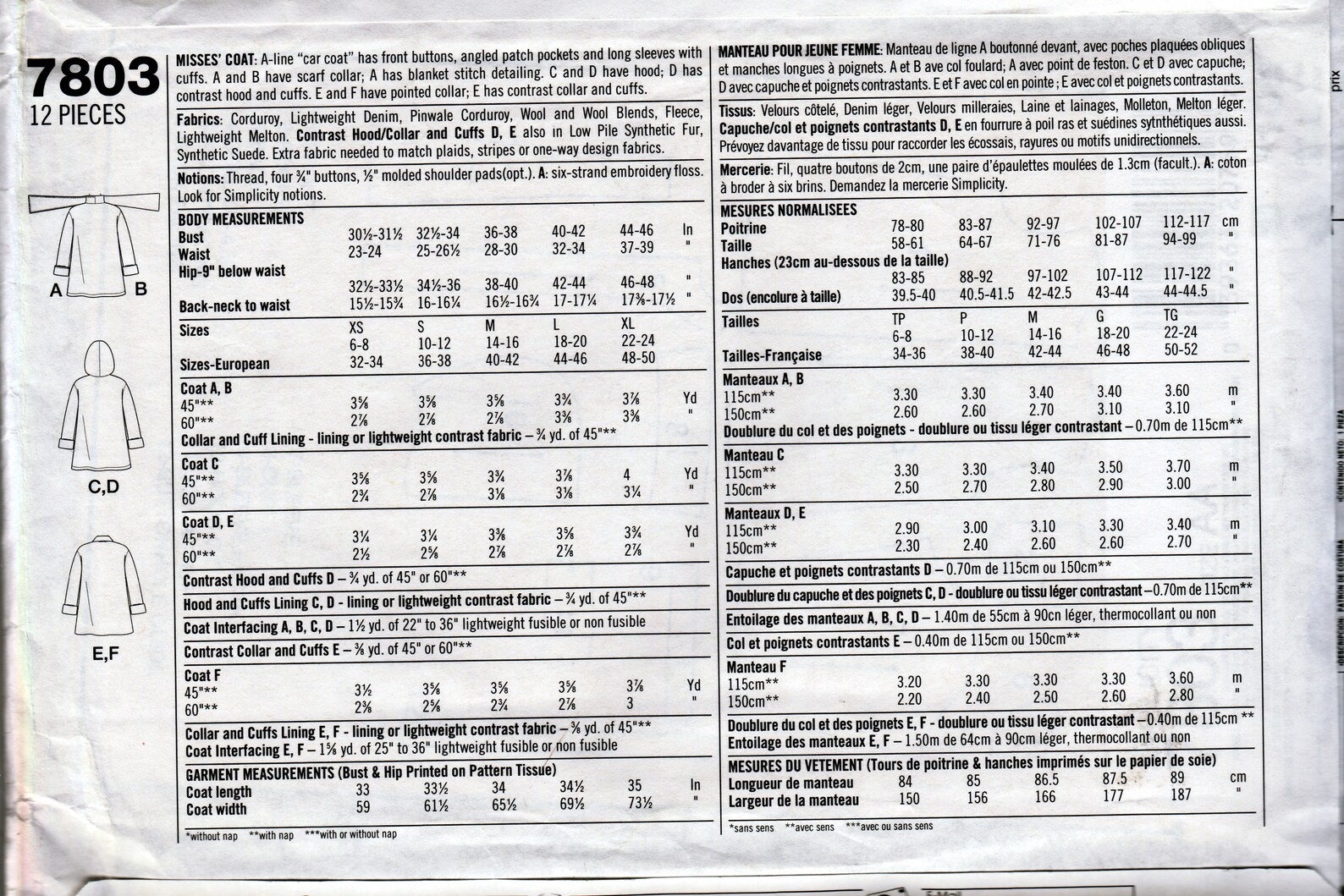 Coat Set Simplicity 7803 Uncut Sewing Pattern - Etsy