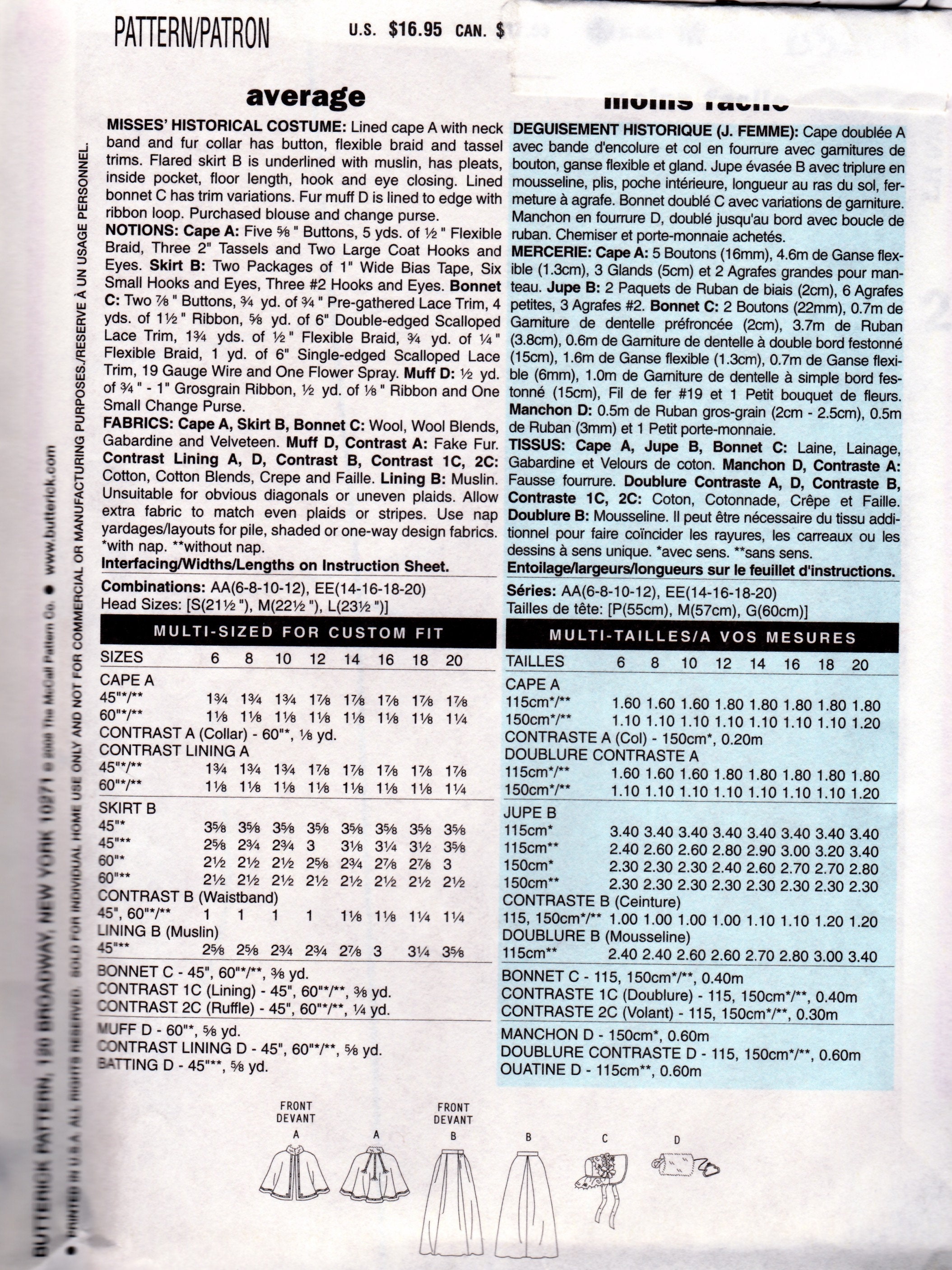 Vintage Cape, Skirt,bonnet & Muff Butterick 5265 Uncut Sewing Pattern ...