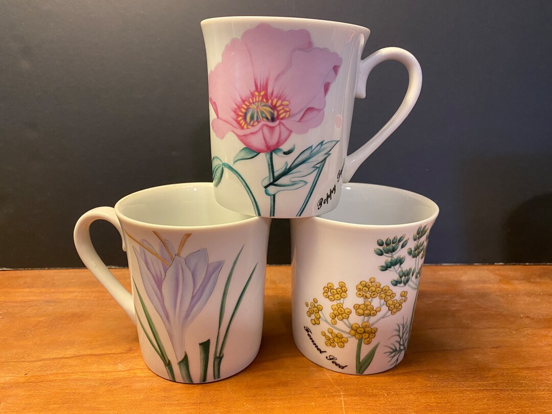 Horchow Botanical Herb Collection Mugs Set of 3 Vintage Poppy Seed ...