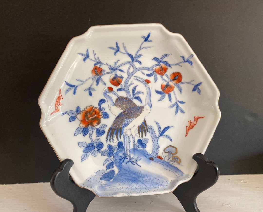 Vintage Japanese Porcelain 6 Sided Plate With Cranes Fruit Tree and ...