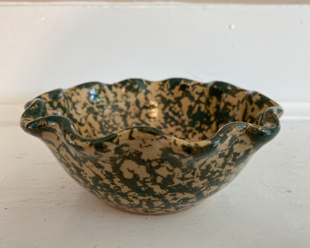 Vintage Three Rivers Pottery Rustic Green Spongeware 5” Soup, Cereal ...