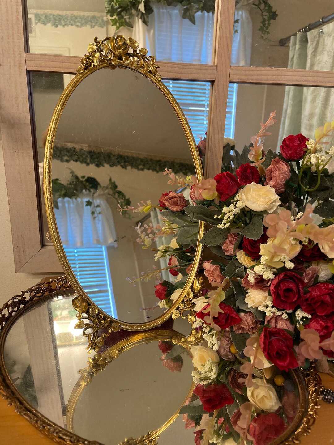 Oval Matson Roses Vanity Mirror With Easal 12 X 7 Gold Ormolu - Etsy