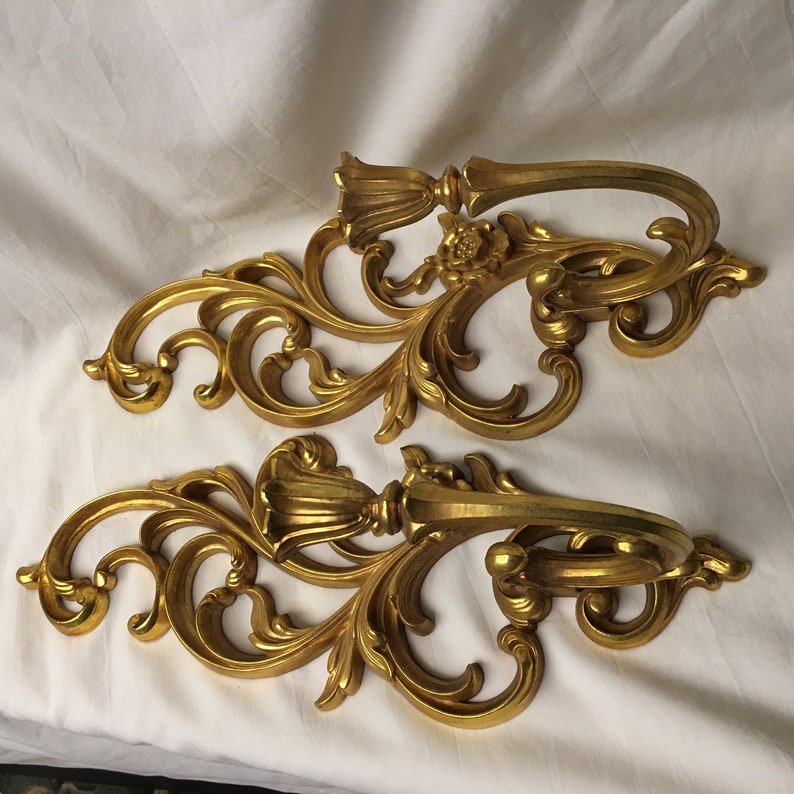 Syroco Candle Sconces Wall Art Gold Floral Mid Century | Etsy