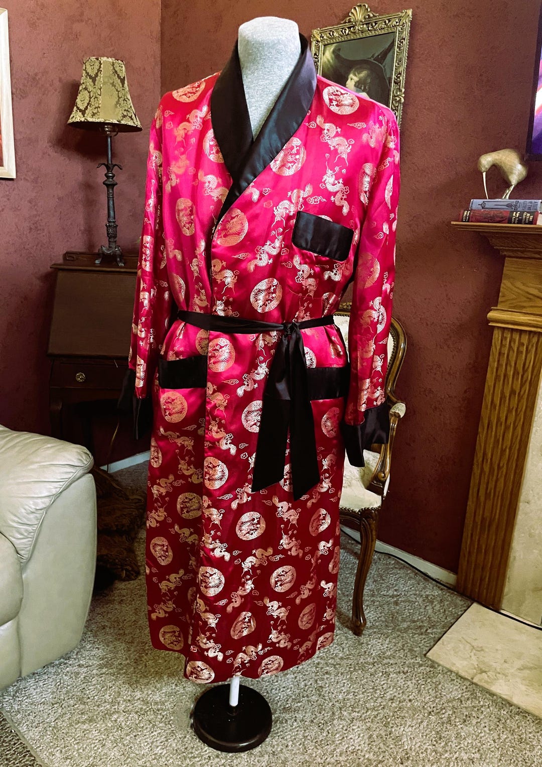 Mens Robe, Satin Smoking Jacket,red, Black Satin Trim, Gold Dragon ...