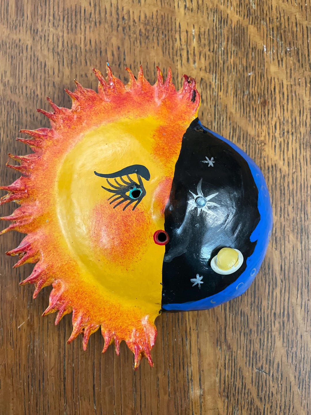 Folk Art Mexican Sun and Moon Coconut Shell Mask, Colorful Primitive ...