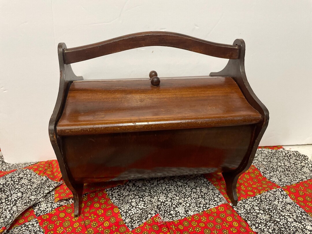 Vintage Sewing Stand, Curved Body and Handle, Two Lids Open Wide ...