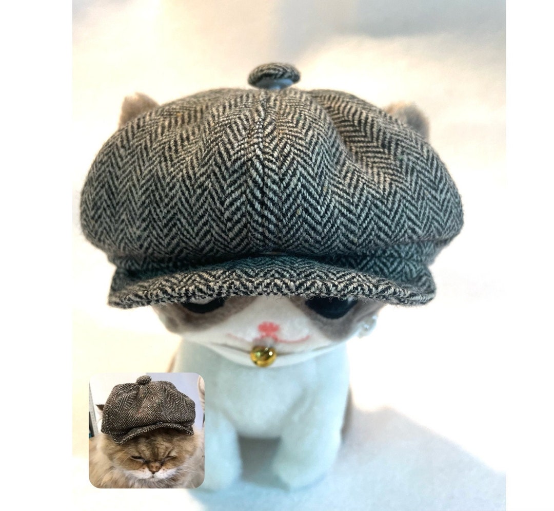 Cat Small Dog Tweed Baker Boy Cap With Ear Holes Gray Herringbone Tweed ...