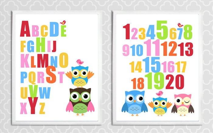 Owl Alphabet and Numbers - Printable Nursery Wall Art - Baby Girl and ...