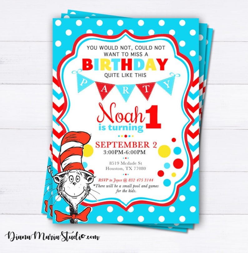 Dr Seuss Birthday Invitation - Personalized Blue and Red Dr Seuss ...