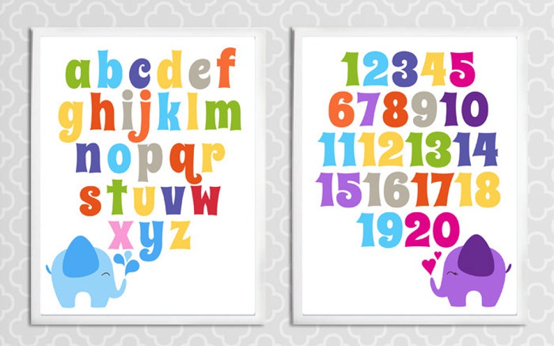 Elephant Alphabet and Numbers - Printable Nursery Wall Art - Baby Girl ...