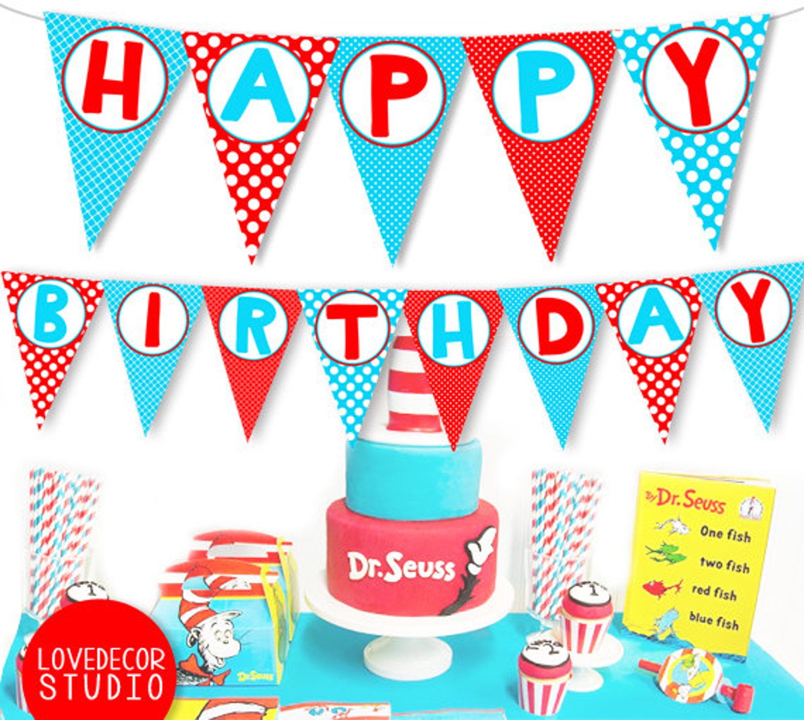 Dr Seuss Birthday Banner - Printable Seuss Decorations -blue and Red ...