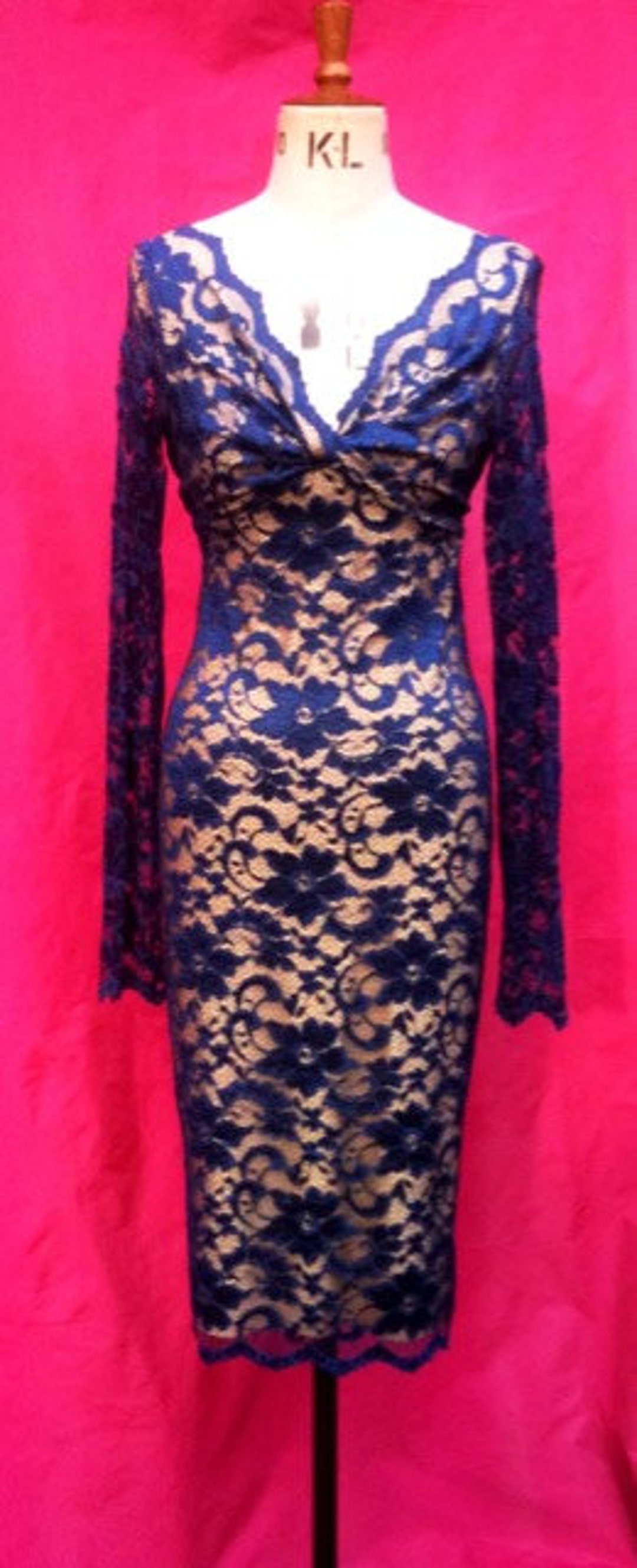 Baylis & Knight Blue Nude LACE Long Sleeve POLLY Twist Pencil Wiggle ...