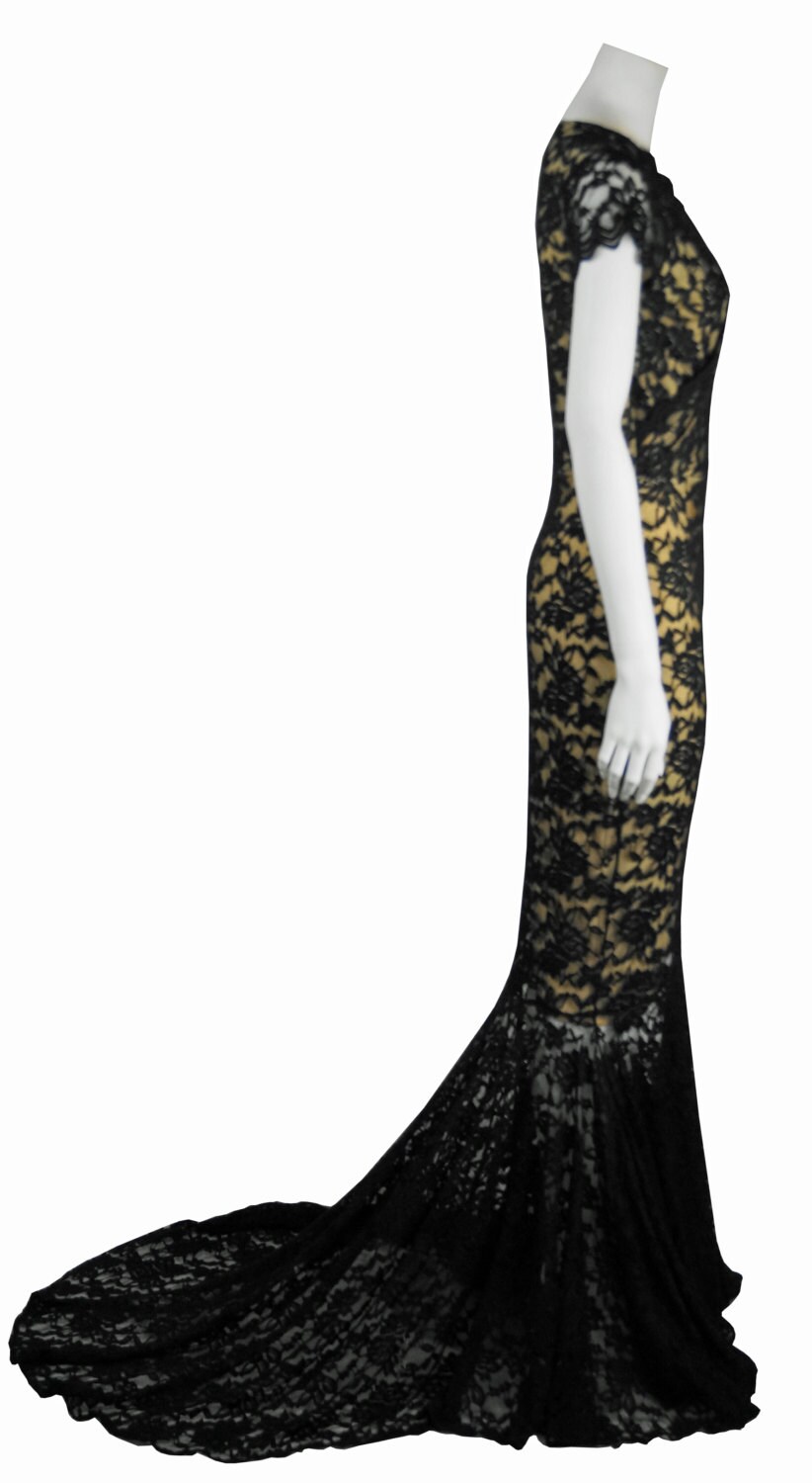 Baylis & Knight Black Nude Lace Wrap Fishtail Train Wedding - Etsy UK