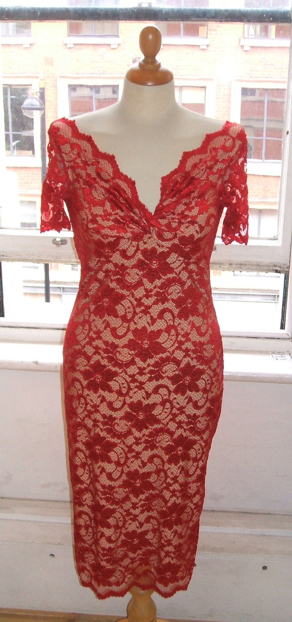 Baylis & Knight Red Nude LACE POLLY Twist Pencil Wiggle Dress - Etsy