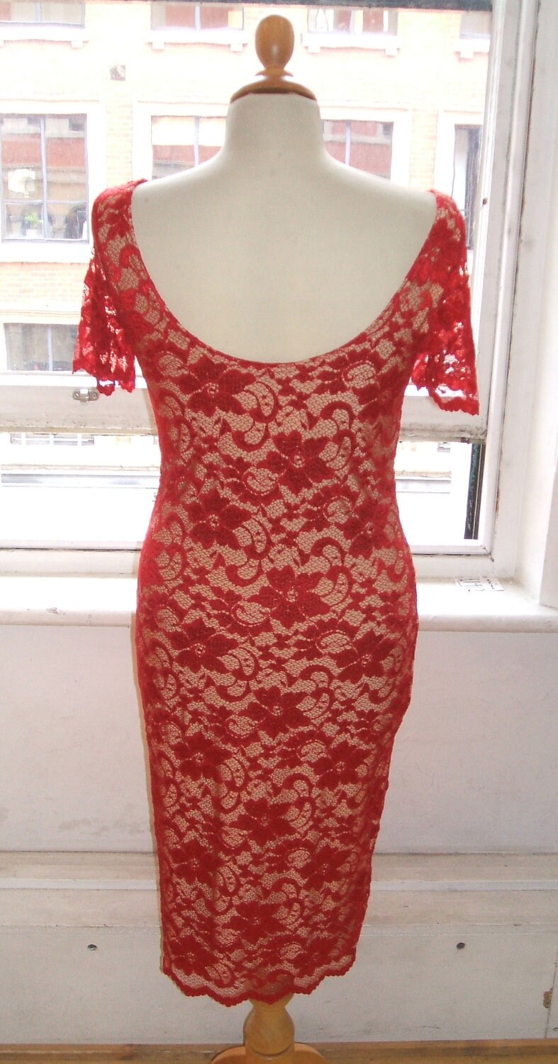 Baylis & Knight Red Nude LACE POLLY Twist Pencil Wiggle Dress | Etsy