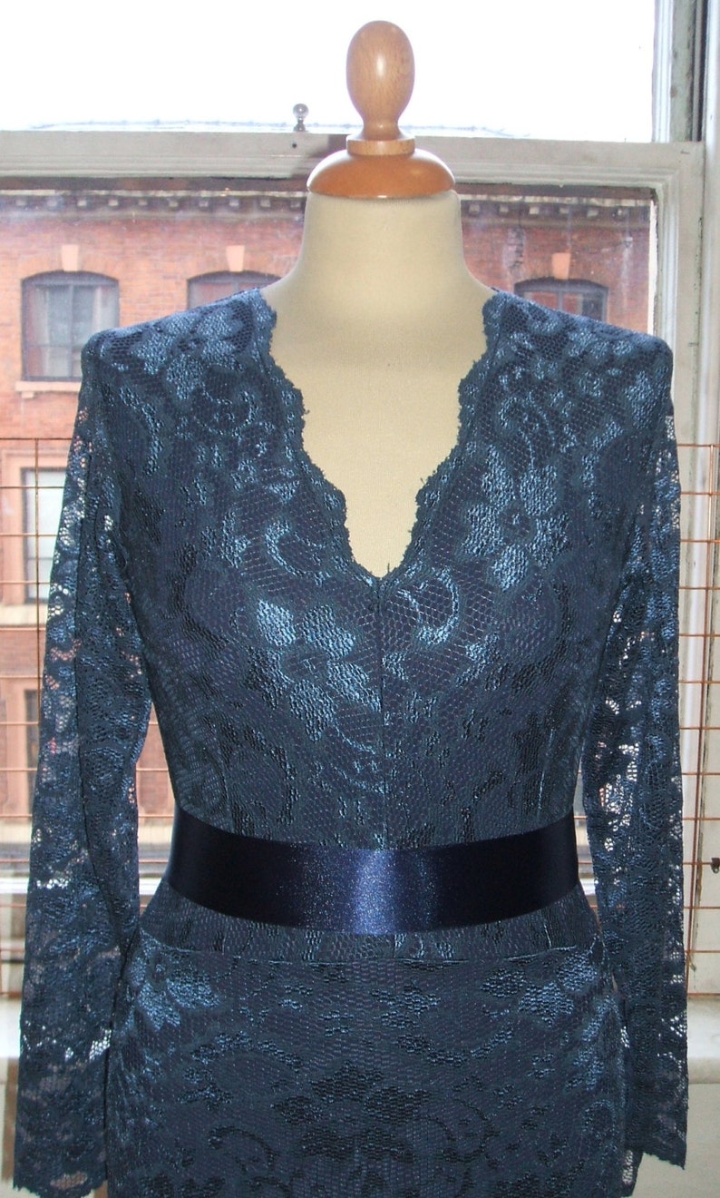Baylis & Knight Navy Blue LACE Long Sleeve Low Cut Wiggle | Etsy