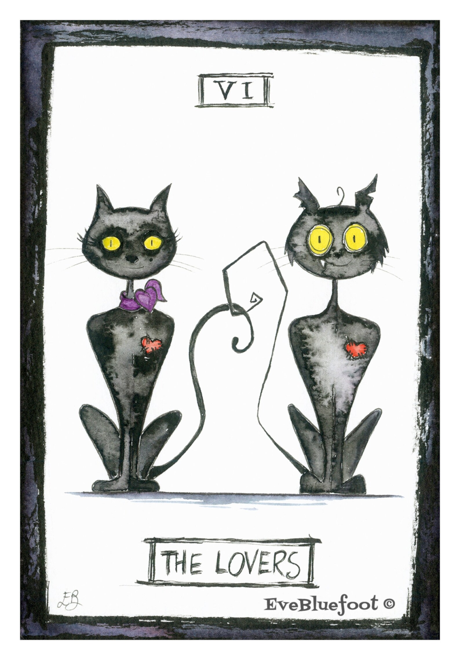 Limited Edition the Lovers Tarot Card Fine Art Print, Black Cats Doodle ...