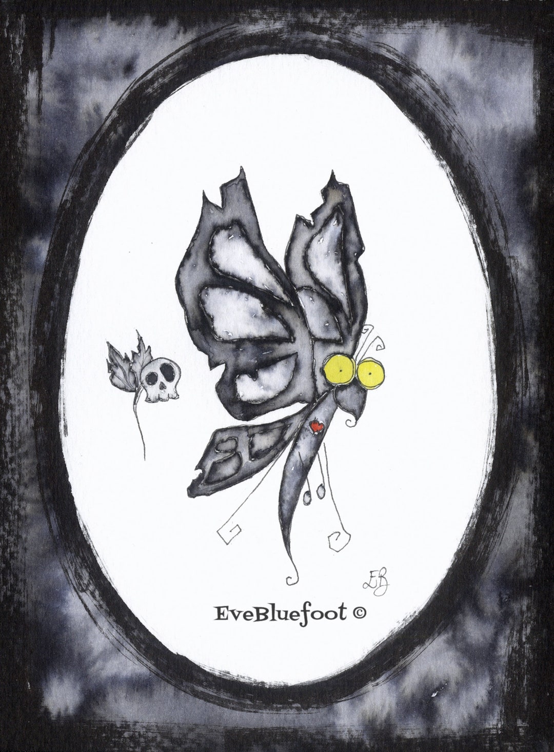 Butterfly Illustration Print, Zombie Butterfly Mini Painting, Black ...