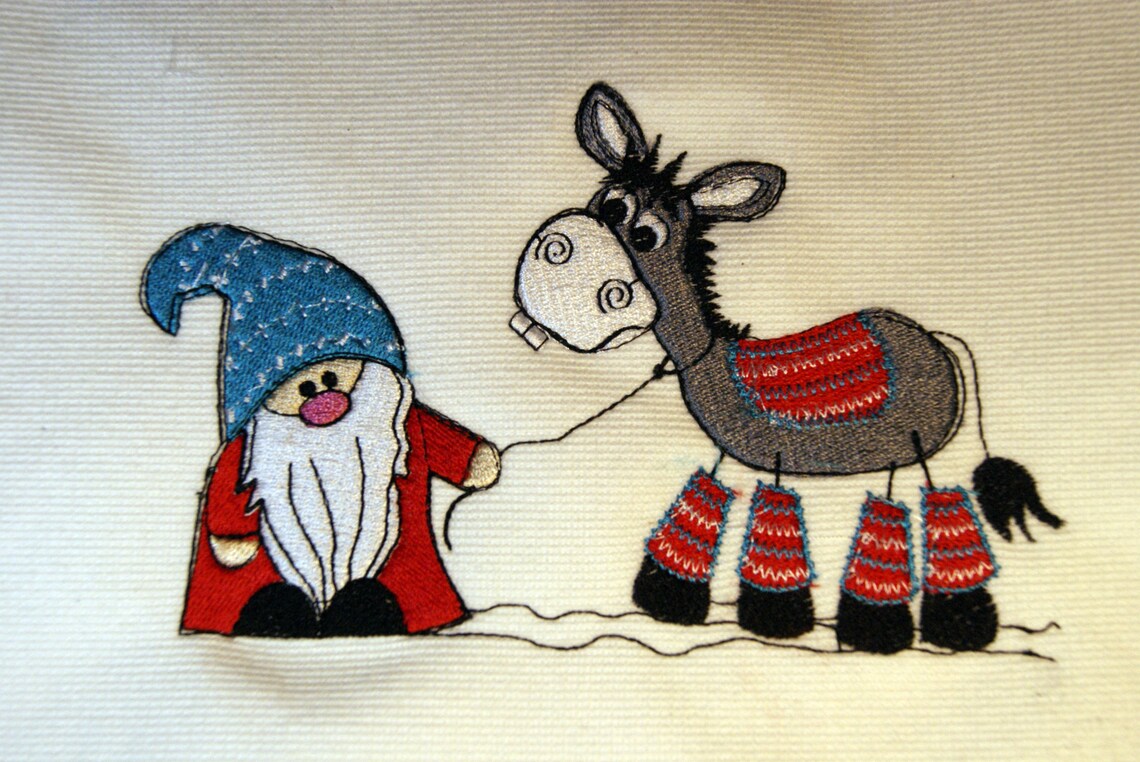 Gnome Elf Leading Stick Donkey Christmas Embroidery Digital | Etsy