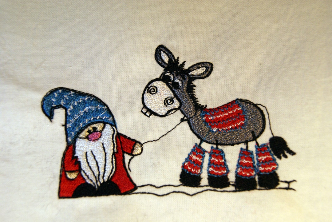 Gnome Elf Leading Stick Donkey Christmas Embroidery Digital Design 4x4 ...
