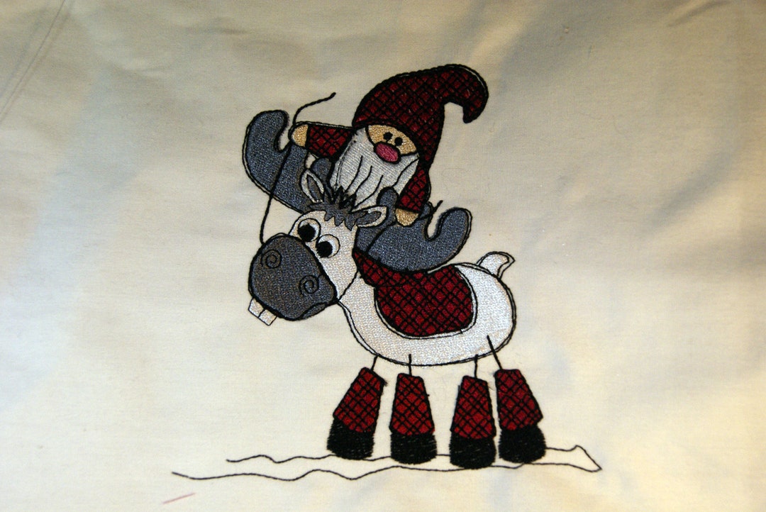 Gnome Elf Riding White Moose Christmas Buffalo Red Plaid Embroidery ...