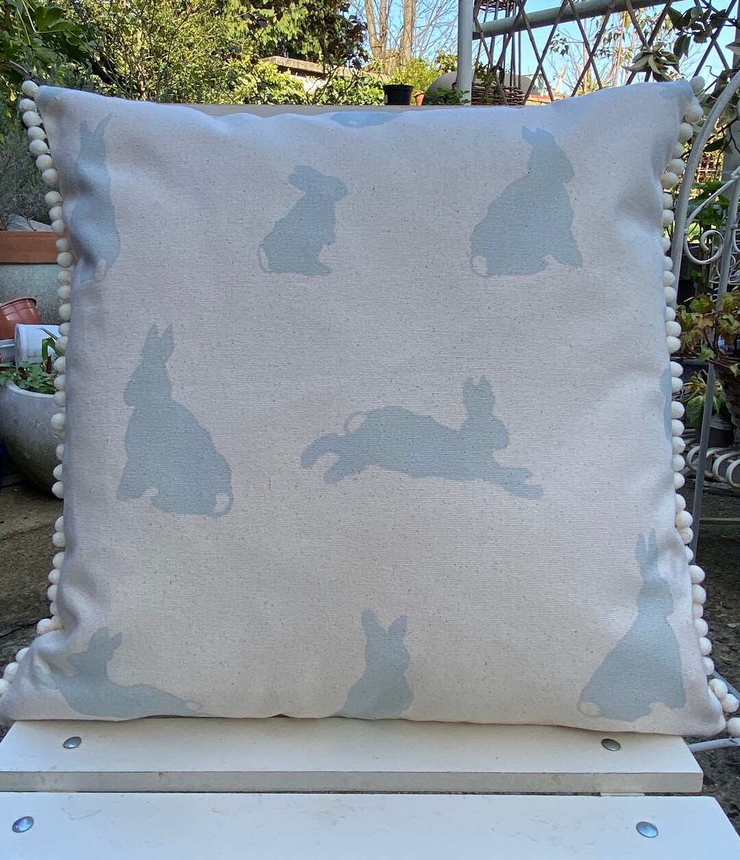Bunny Rabbit Cushion With Pom Poms, Organic Cotton, Original Design ...
