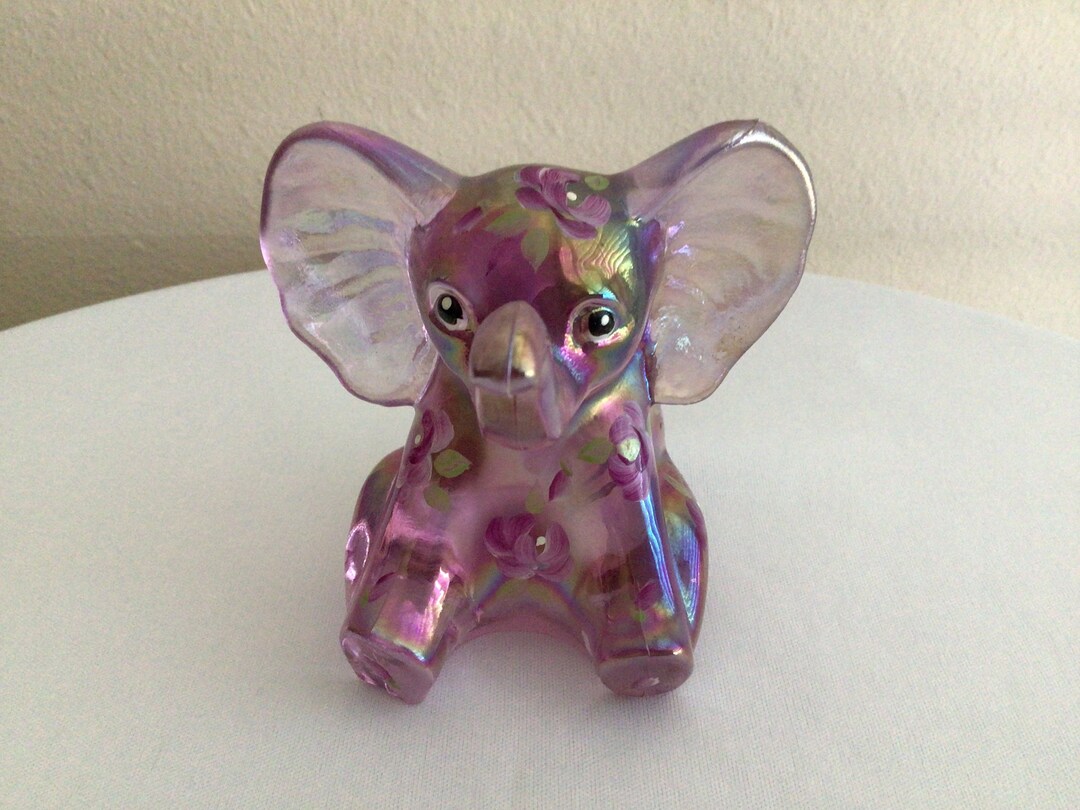 Vintage Iridescent Fenton Art Glass Elephant With Hand-painted Flowers ...