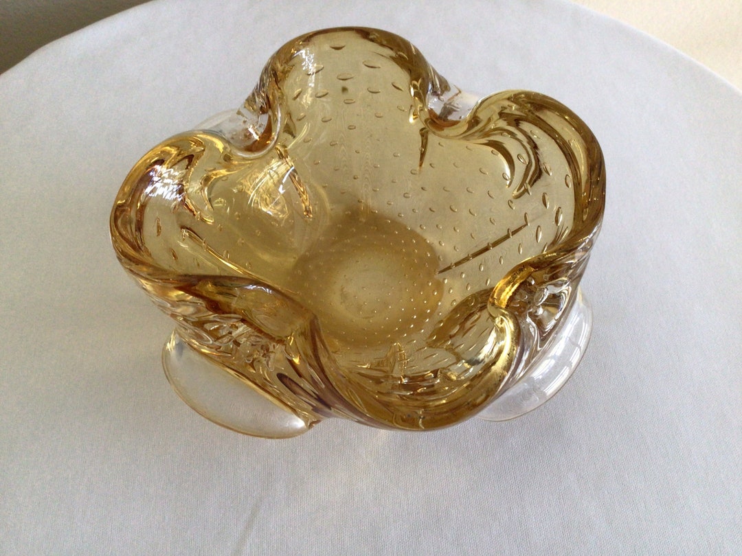 Vintage Gold Colored Art Glass Dish/ashtray With Controlled Bubbles - Etsy