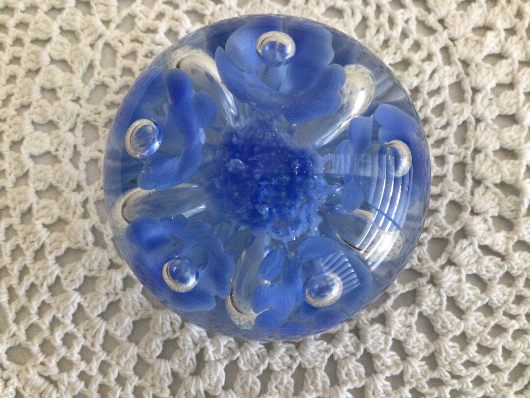 Vintage Joe Rice Art Glass Blue Floral Flowers Center Bouquet ...