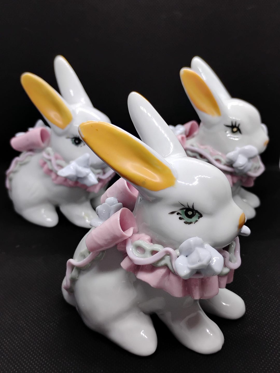 Lot of 3 Vintage Porcelain Rabbit Figurines With Sculpted Flowers and ...