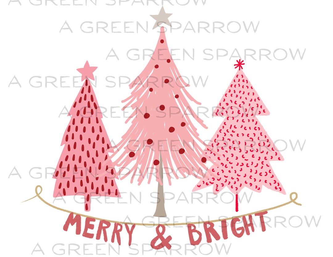 Merry and Bright Christmas Tree PNG Script Sublimation Pink Trees ...