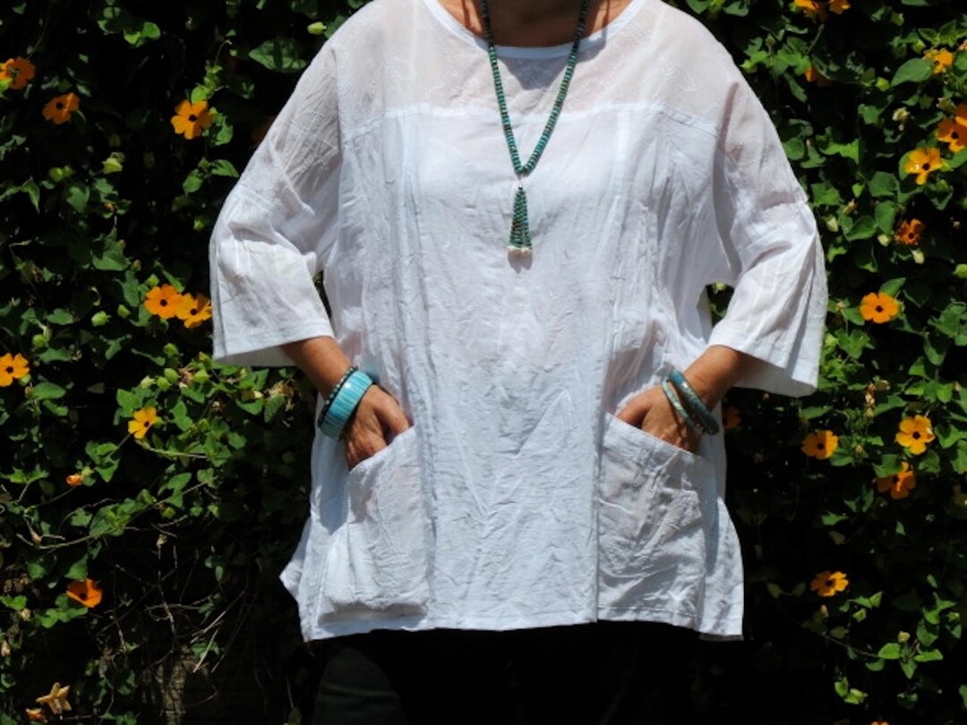 Loose White Linen Top, Japanese Style Top With Big Pockets, Boat Neck ...