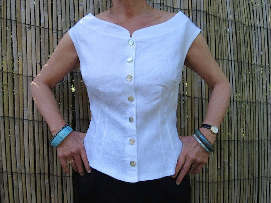 White Linen 60s Style Top, Sleeveless Retro Blouse With Natural Pearl ...