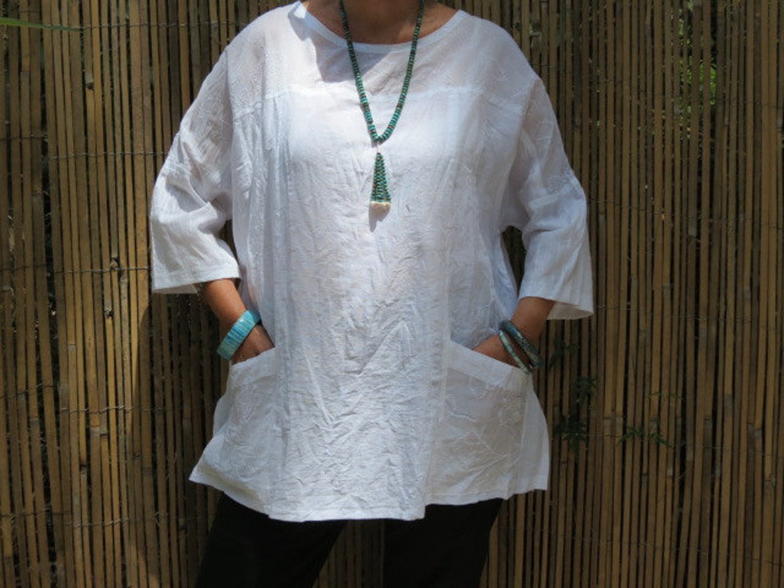 Loose White Linen Top, Japanese Style Top With Big Pockets, Boat Neck ...