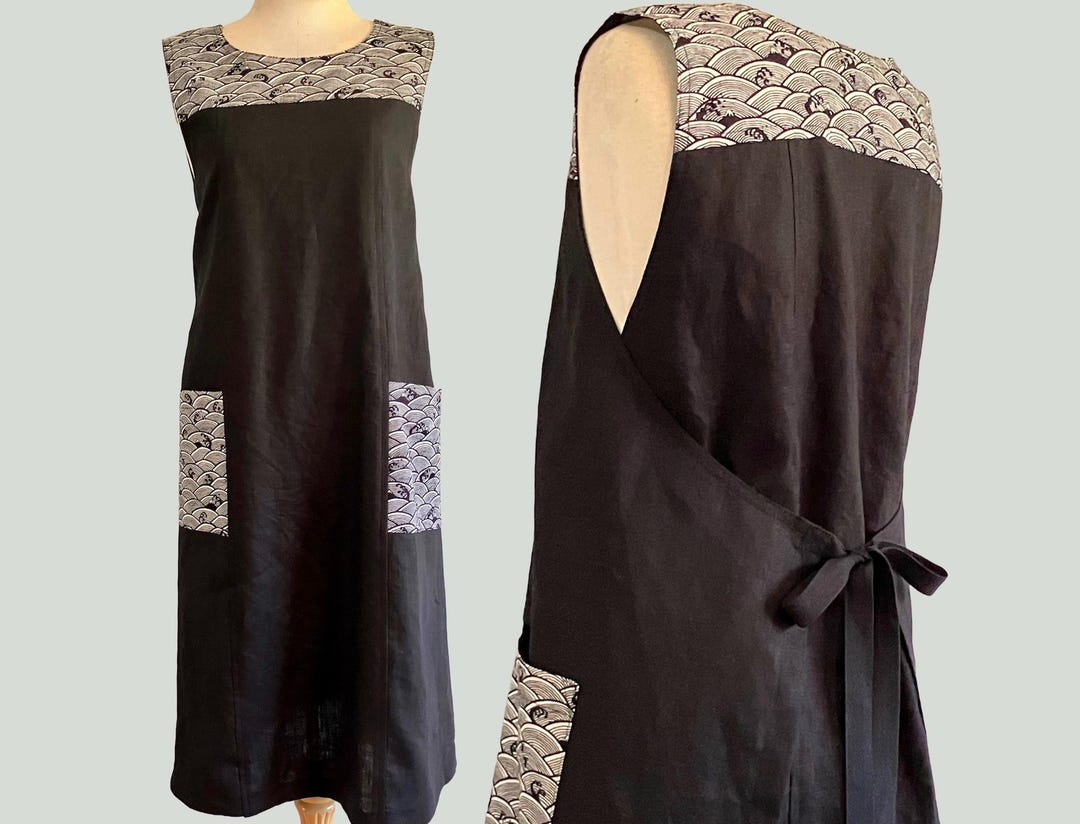 Linen Wrap Dress, Japanese Pinafore Style With Pockets in Contrast ...
